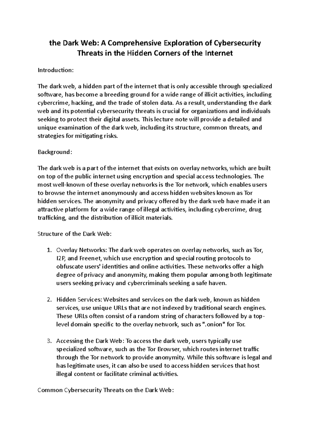 The Dark Web- A Comprehensive Exploration of Cybersecurity Threats in ...