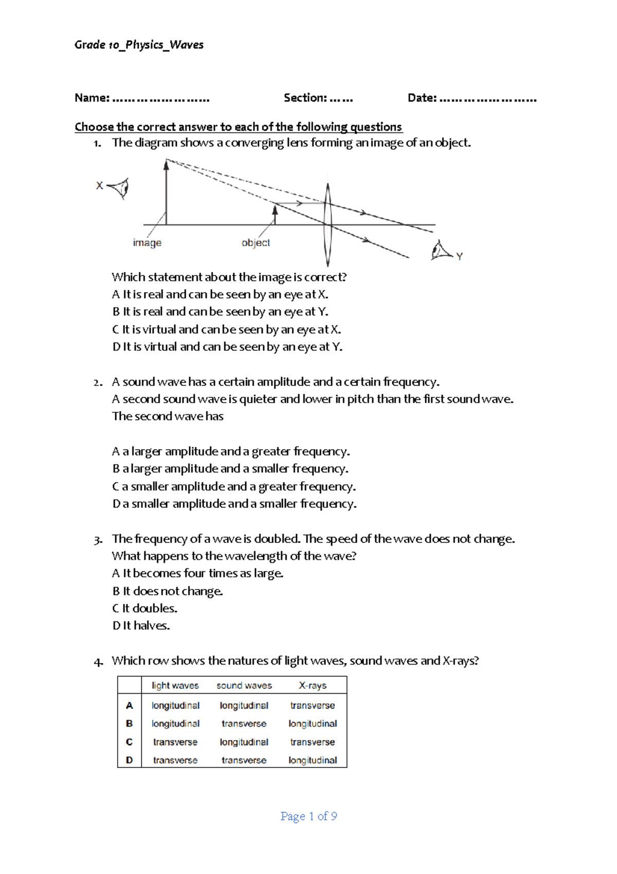 Wave Propreties Guided Inquiry - Name: ........................ Section ...