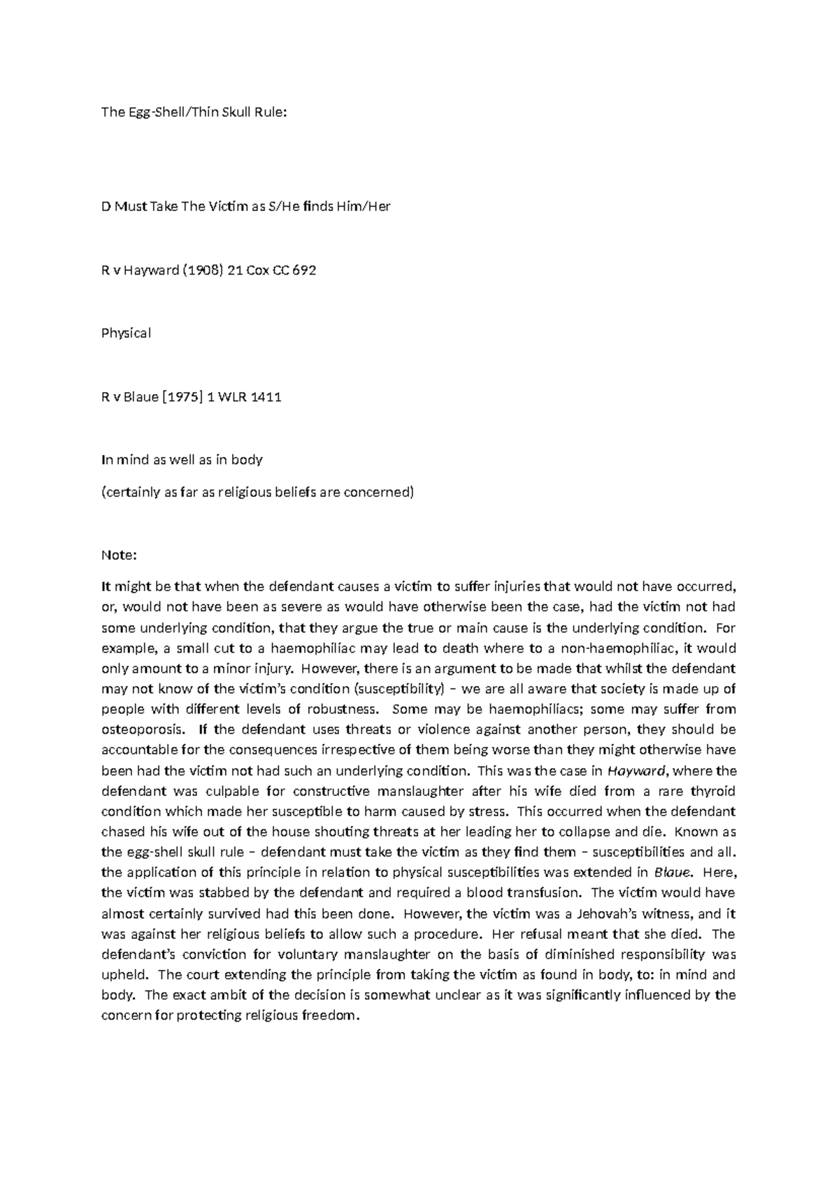 Egg Shell Skull rule - Brief Note - The Egg-Shell/Thin Skull Rule: D ...