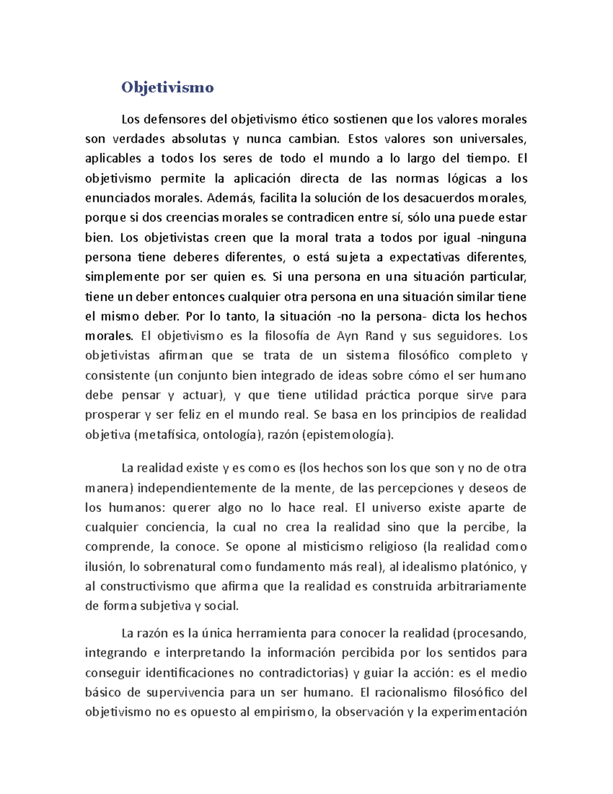 Objetivismo - Resumen - Objetivismo Los defensores del objetivismo ...