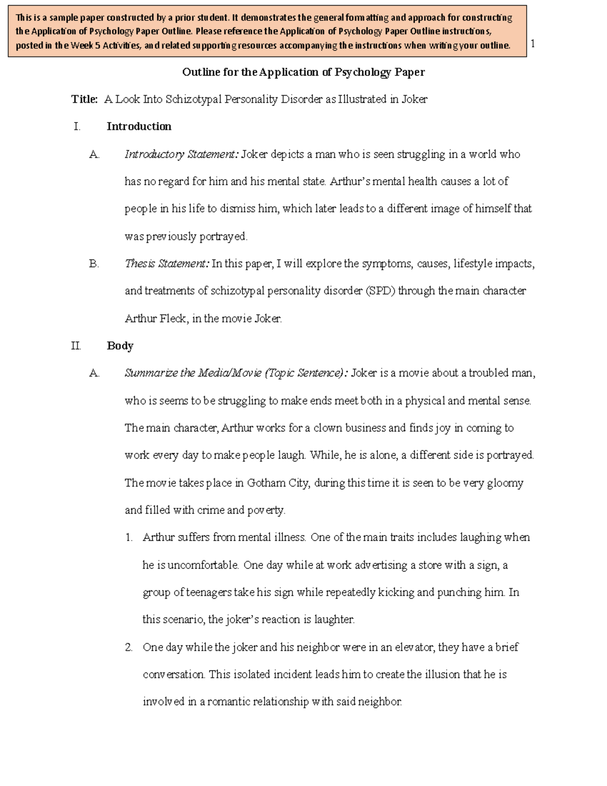 Application of Psychology Outline Example Joker (2022) - 1 Outline for ...