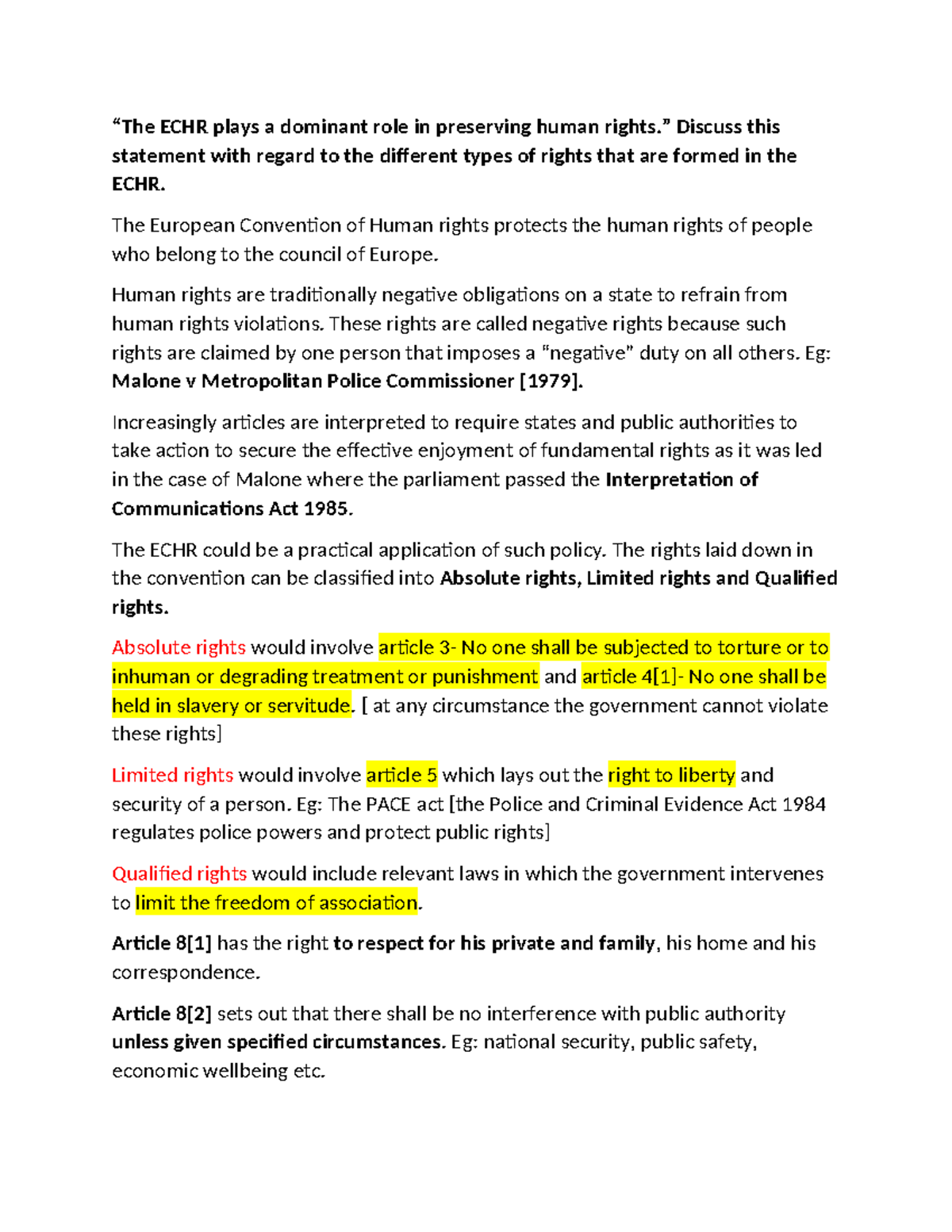 Human rights question answer - “The ECHR plays a dominant role in ...