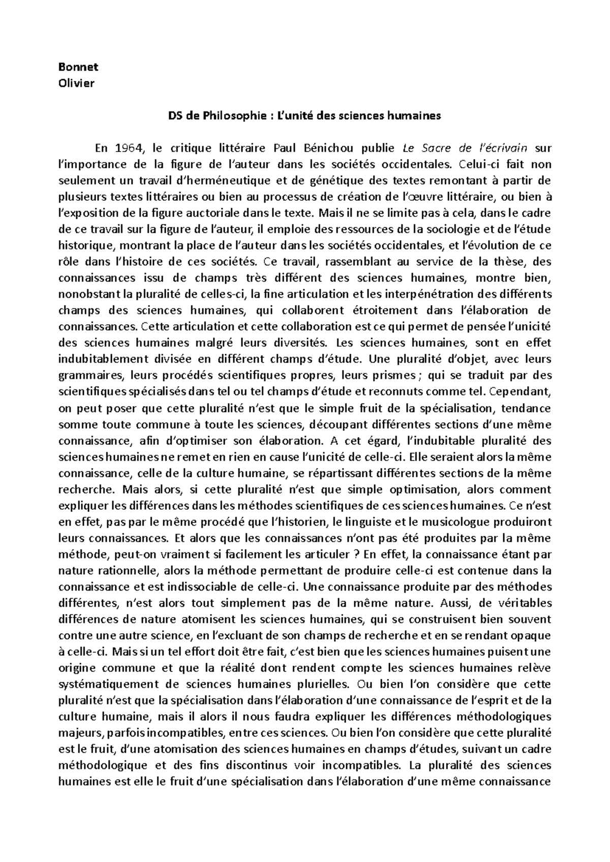 L'unité des sciences humaines - Bonnet Olivier DS de Philosophie : L ...