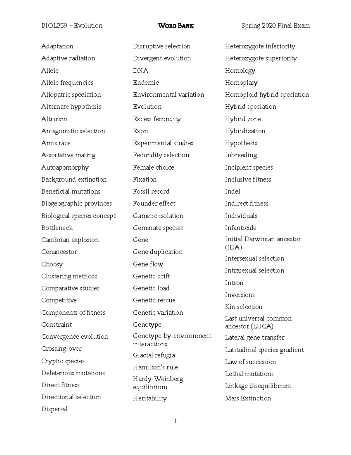 BIOL359 S2020 Word Bank Alphabetized - BIOL359 – Evolution WORD BANK ...
