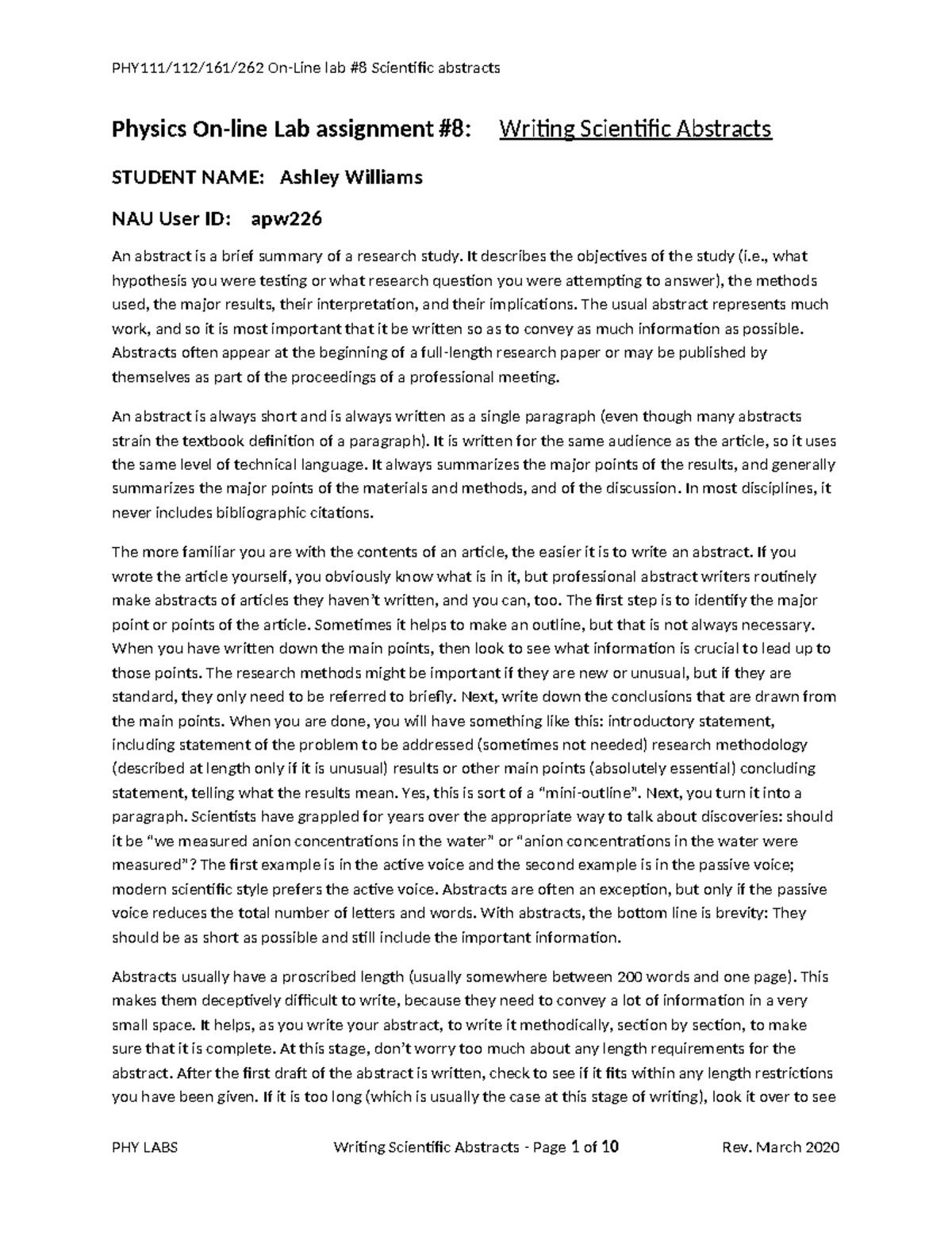 Phy112 Online Lab #8 Abstracts - Physics On-line Lab Assignment #8