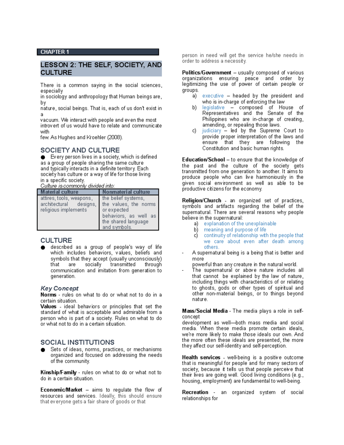 Prelims Reviewer - CHAPTER 1 LESSON 2: THE SELF, SOCIETY, AND CULTURE ...