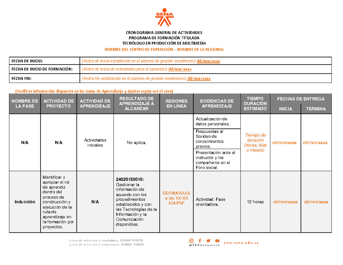 Cronograma - fechas - CRONOGRAMA GENERAL DE ACTIVIDADES PROGRAMA DE FORMACI”N TITULADA TECN”LOGO ...