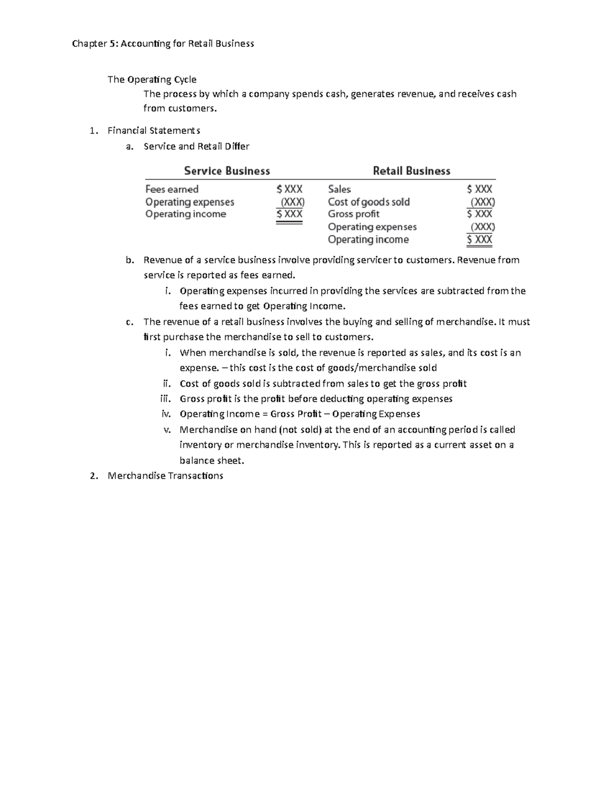 Notes - Chapter 5: Accounting for Retail Business The Operating Cycle ...