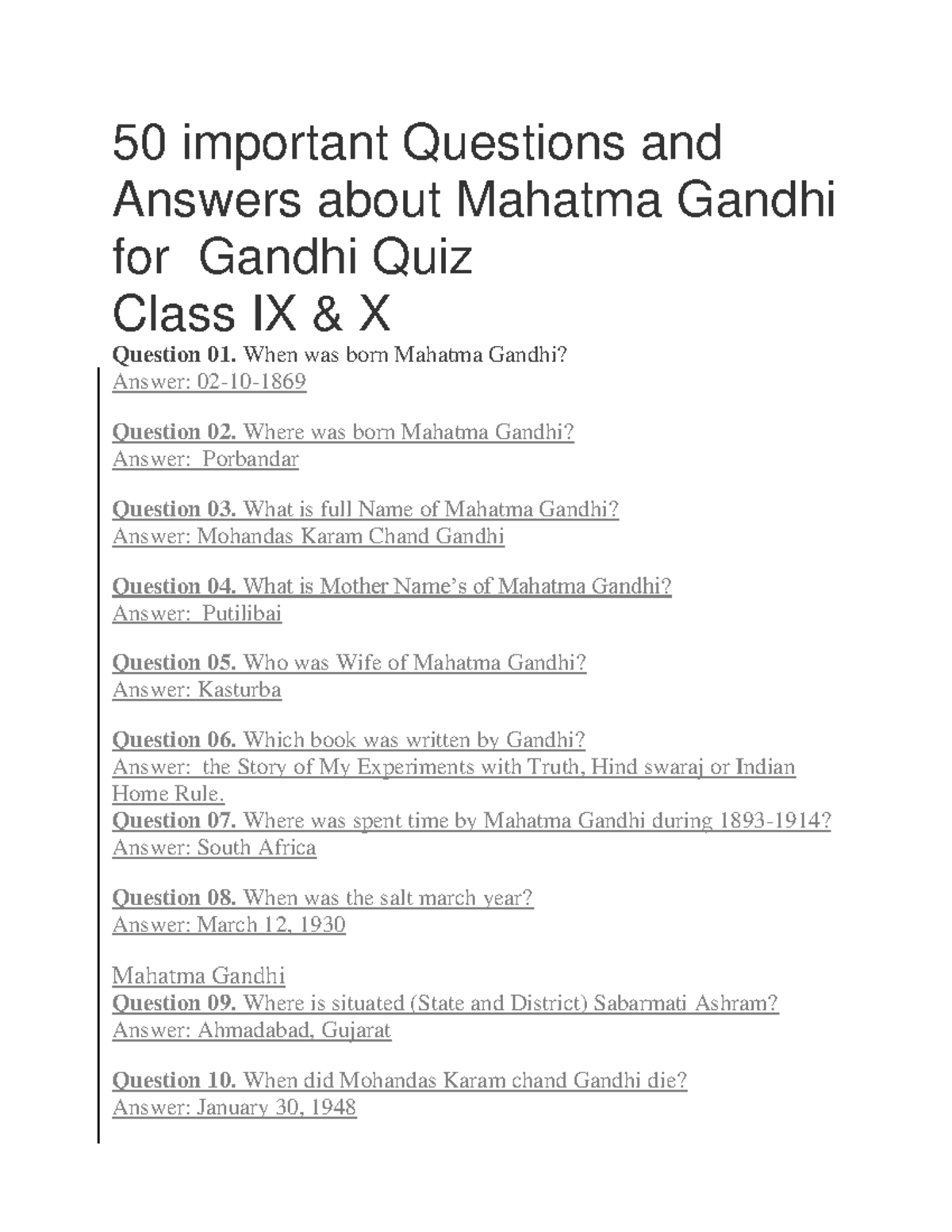 Gandi jayanthi quiz - 50 important Questions and Answers about Mahatma ...