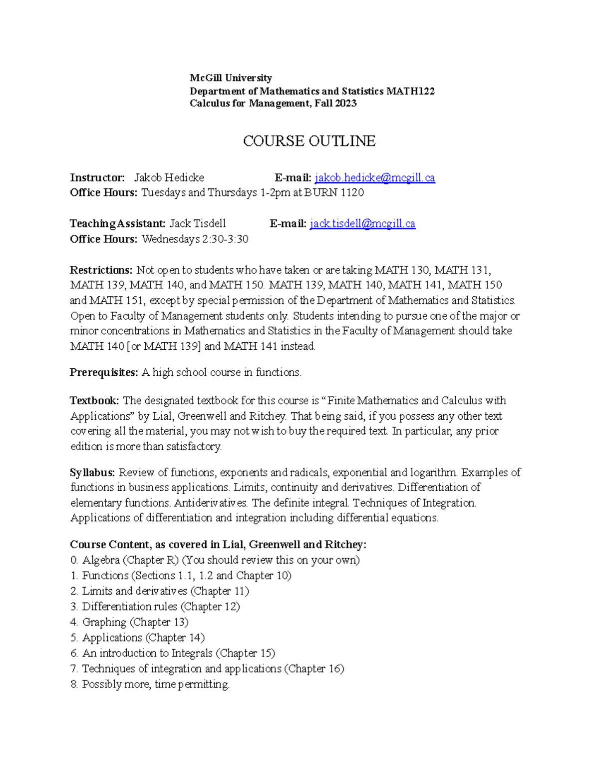 Math 122 Outline - McGill University Department of Mathematics and ...