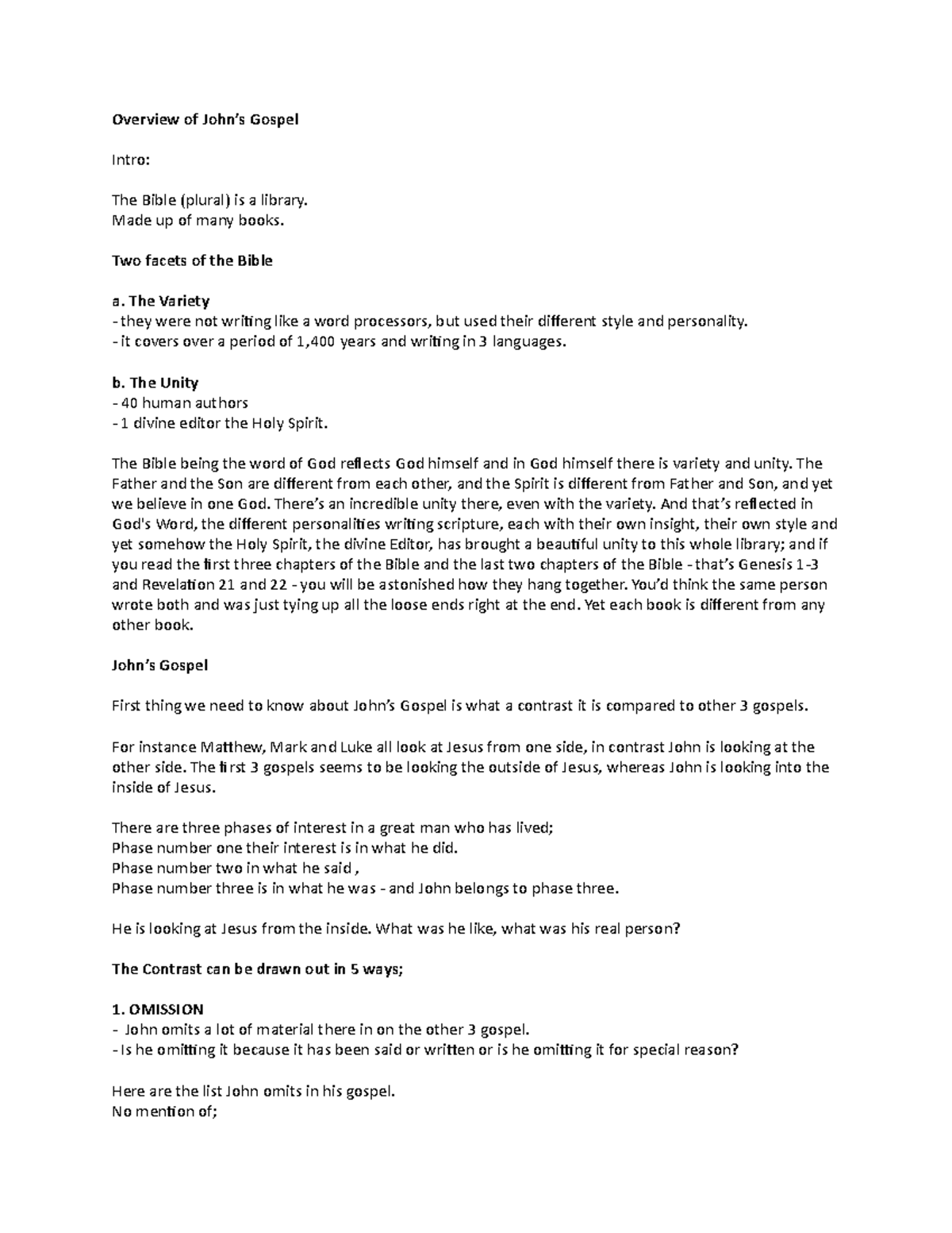 Notes on the Book of John Overview Outline - Overview of John’s Gospel ...