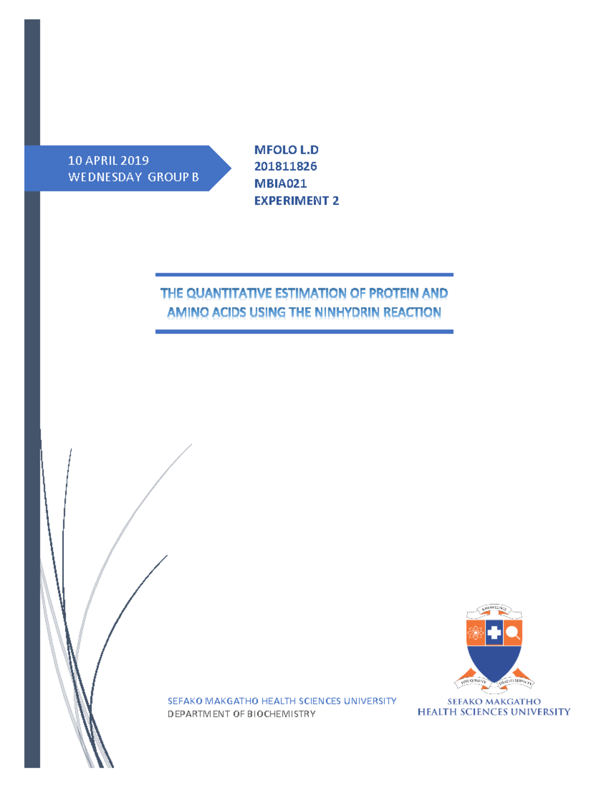 Biochem lab report 2 Biochemistry practical 2 2020 - 10 APRIL 2019 ...