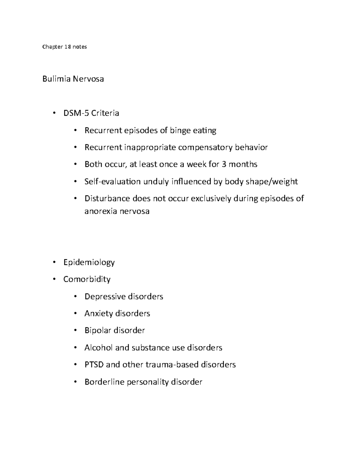 Chapter 18 bulemia - Chapter 18 notes Bulimia Nervosa DSM-5 Criteria ...