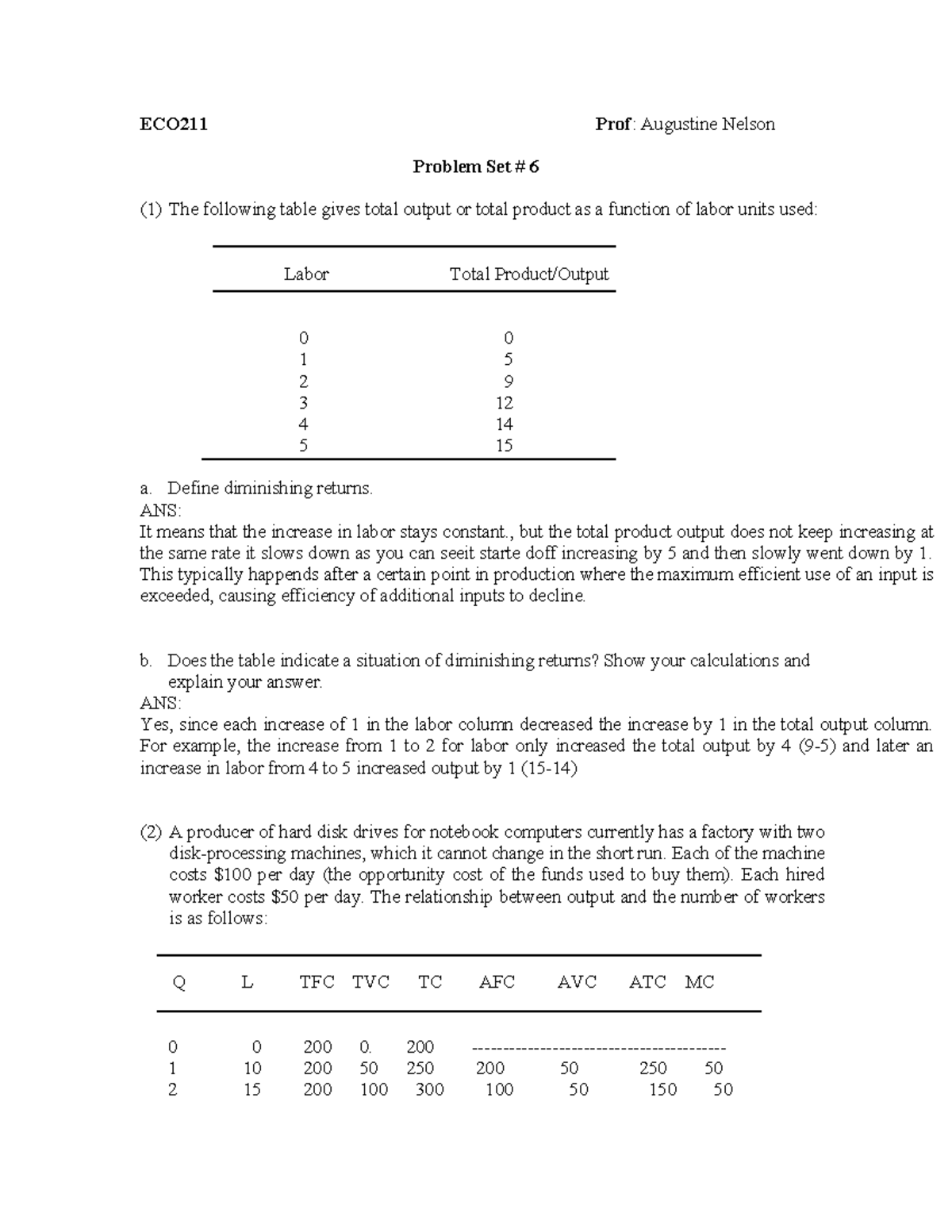 ECO211 Regular Probem Set # 6F24 - ECO211 Prof: Augustine Nelson ...