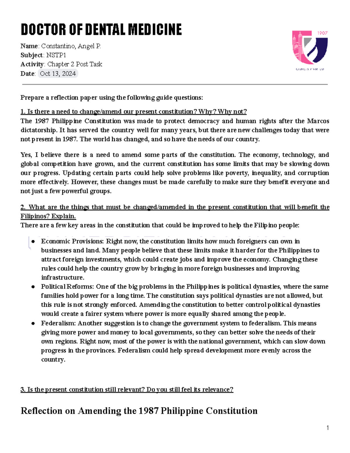 Chapter 2 Post task - DOCTOR OF DENTAL MEDICINE Name: Constantino, Angel P. Subject: NSTP ...