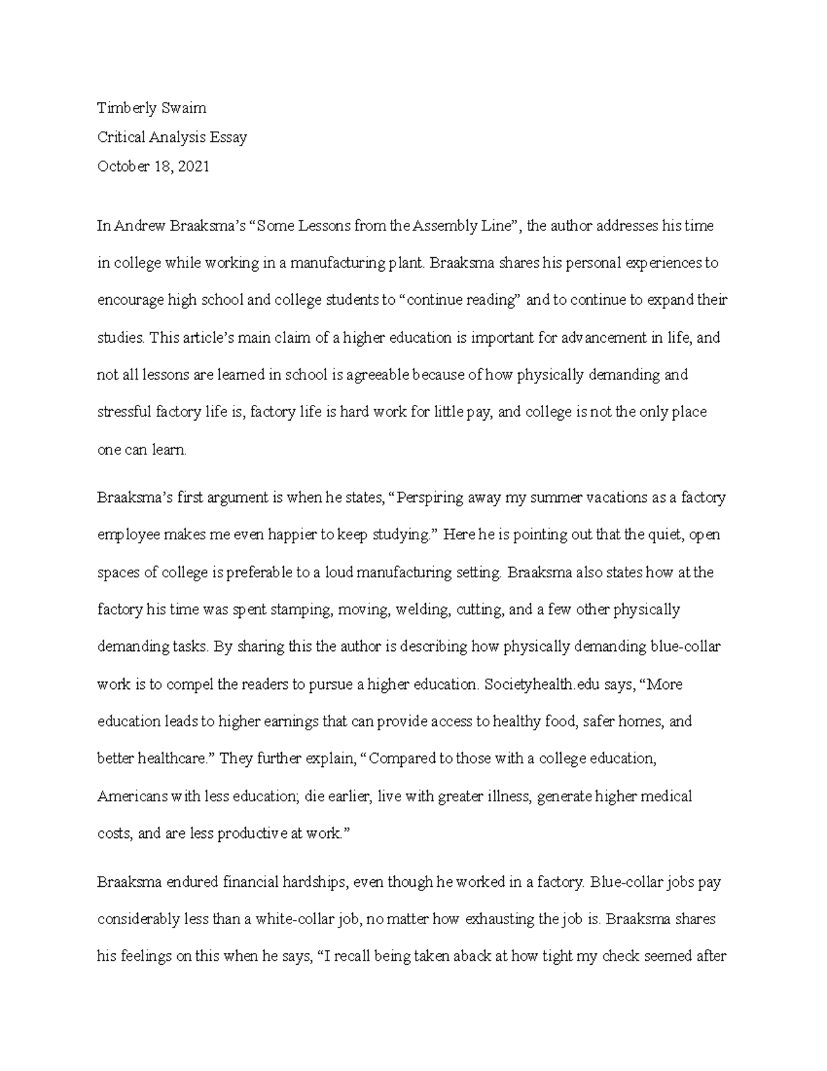 Essayfinalcomplete - completed paper, receiving an A grade. - Timberly ...