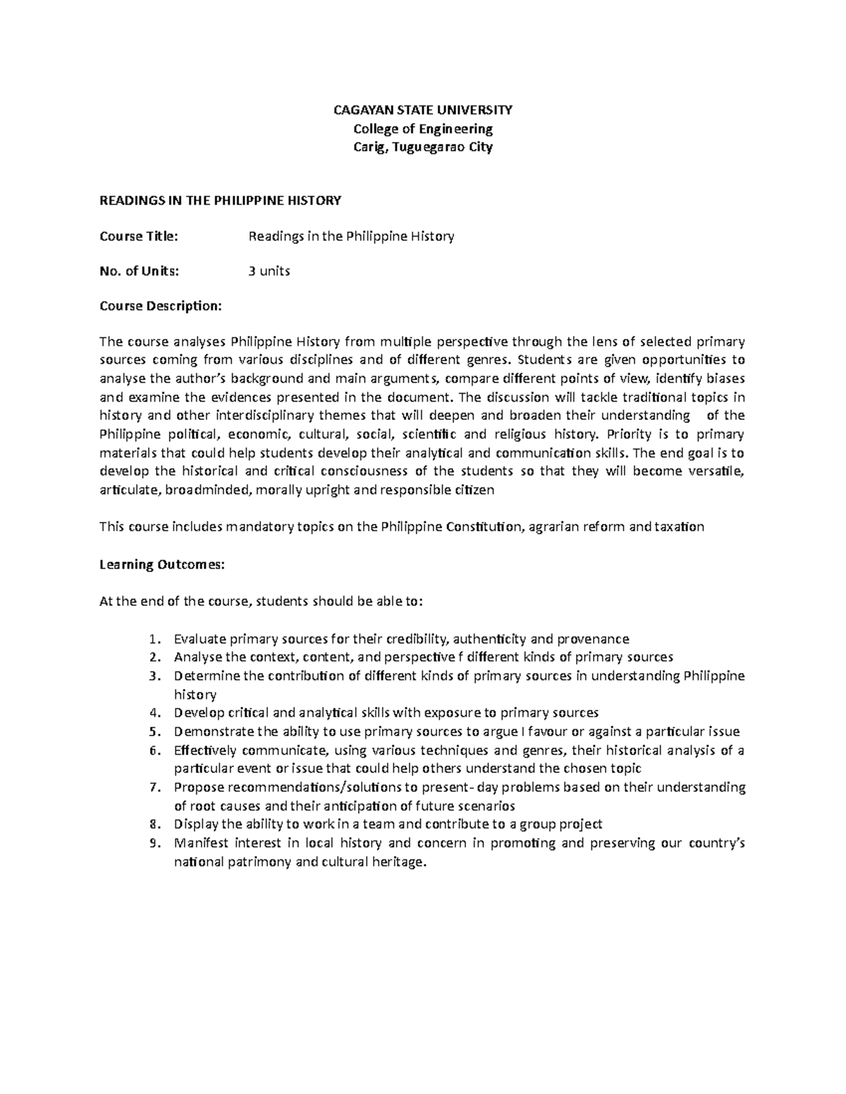 Course outline readings in the philippine history - CAGAYAN STATE ...