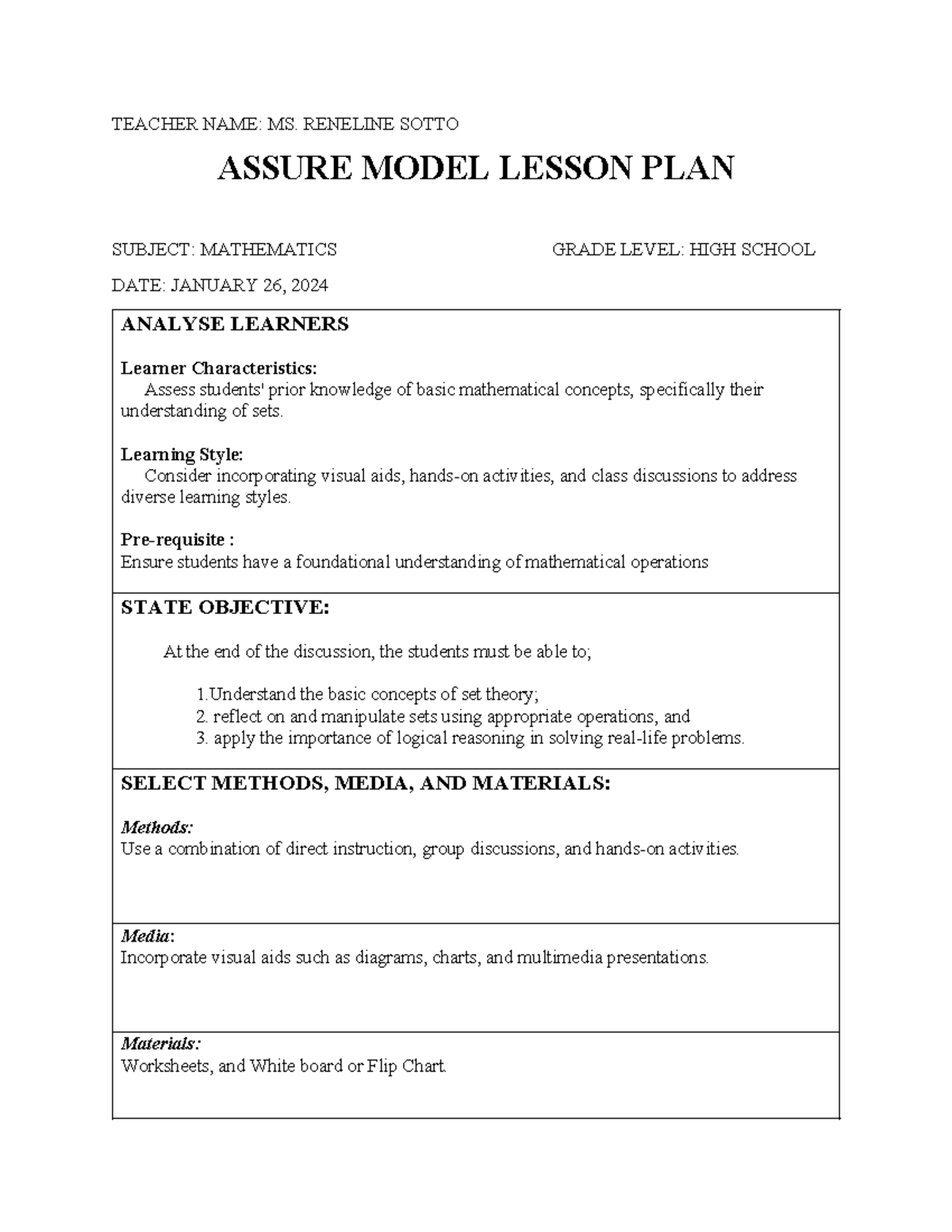Assure Model- Profed 5 NEW - TEACHER NAME: MS. RENELINE SOTTO ASSURE ...