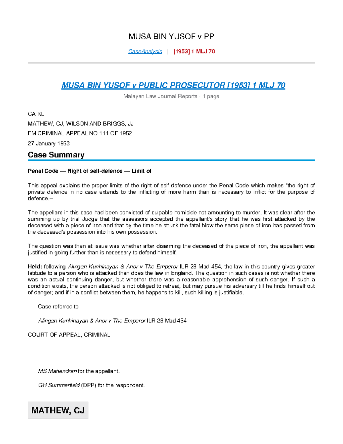 MUSA BIN Yusof v Public Prosecutor, [1953] 1 MLJ 70 - MUSA BIN YUSOF v ...