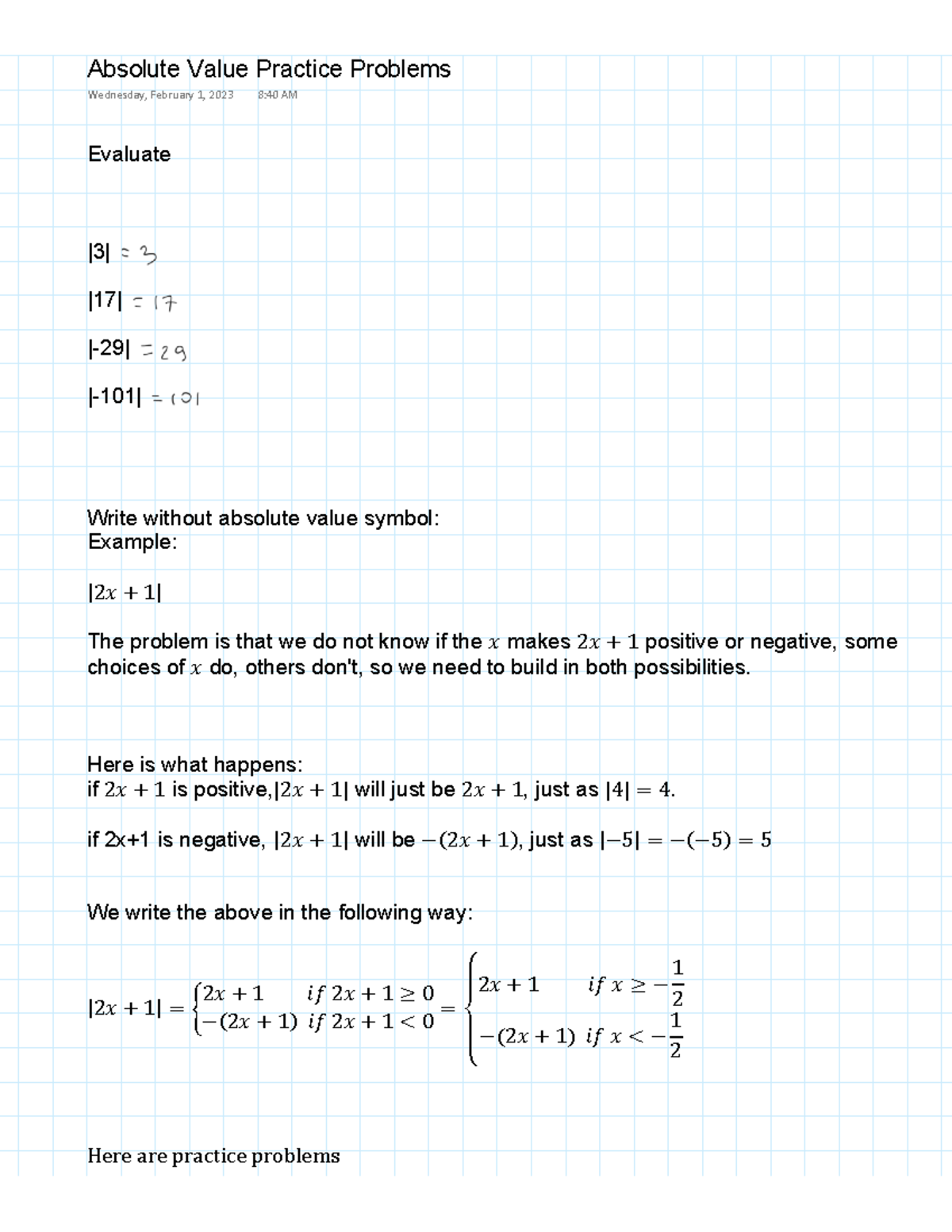 Absolute value practice - Evaluate |3| |17| |-29| |-101| Write without ...