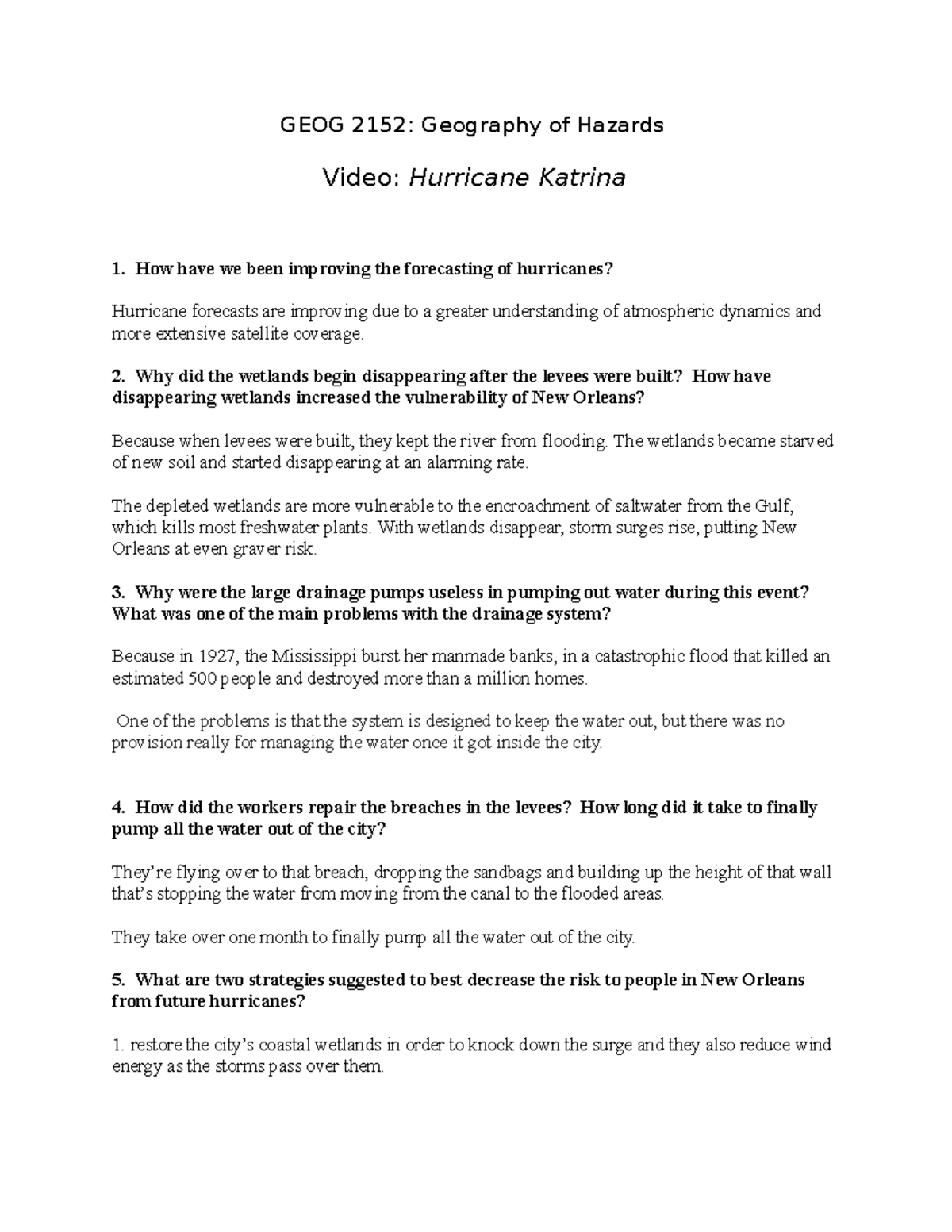Video Questions - Hurricane Katrina - GEOG 2152: Geography of Hazards ...