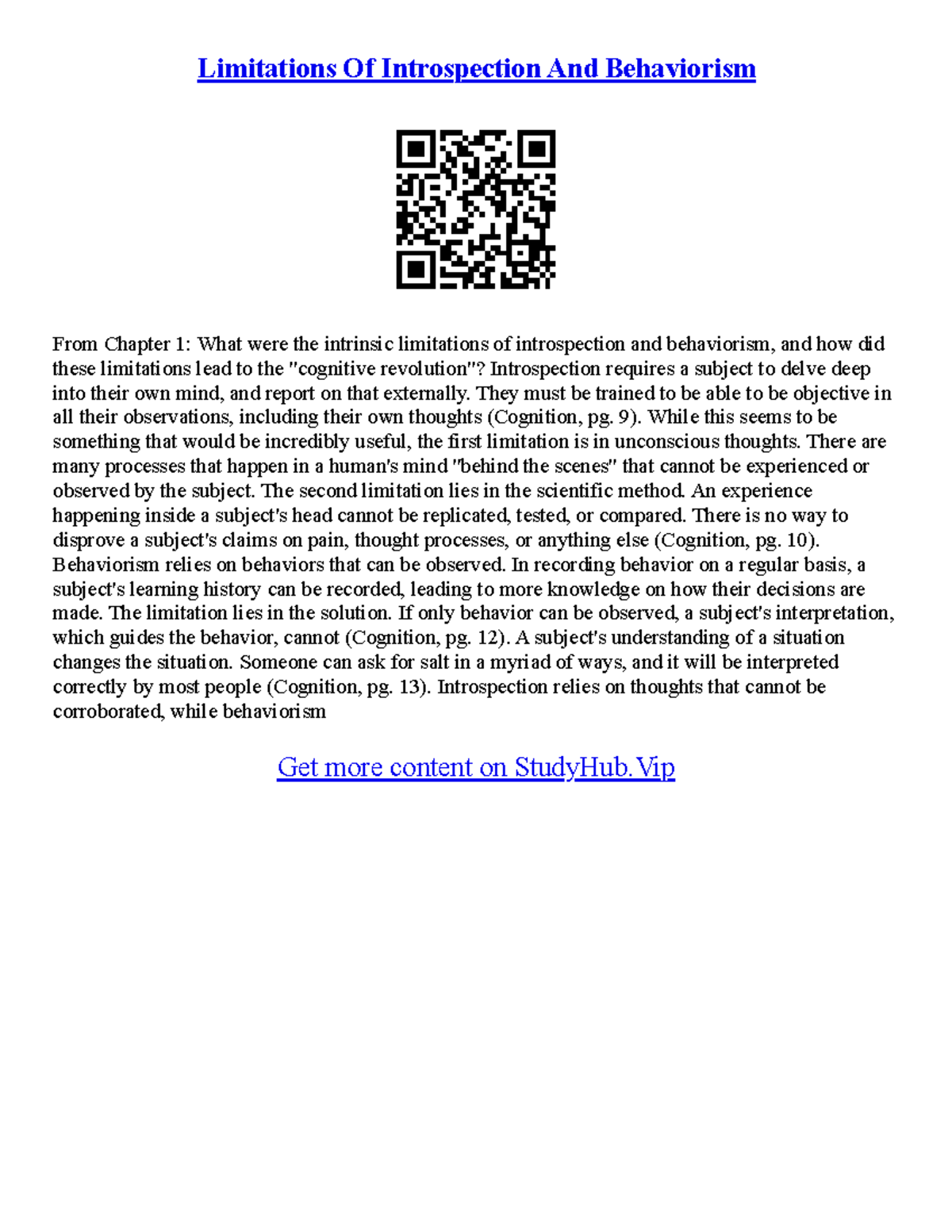 Introspective Essay - Limitations Of Introspection And Behaviorism From ...