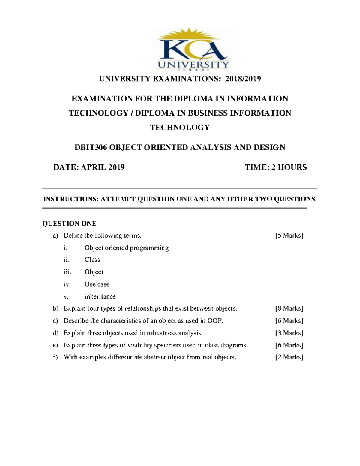 Dbit306 object oriented analysis and design 0 - Bsc Applied Computing - KCAU - Studocu
