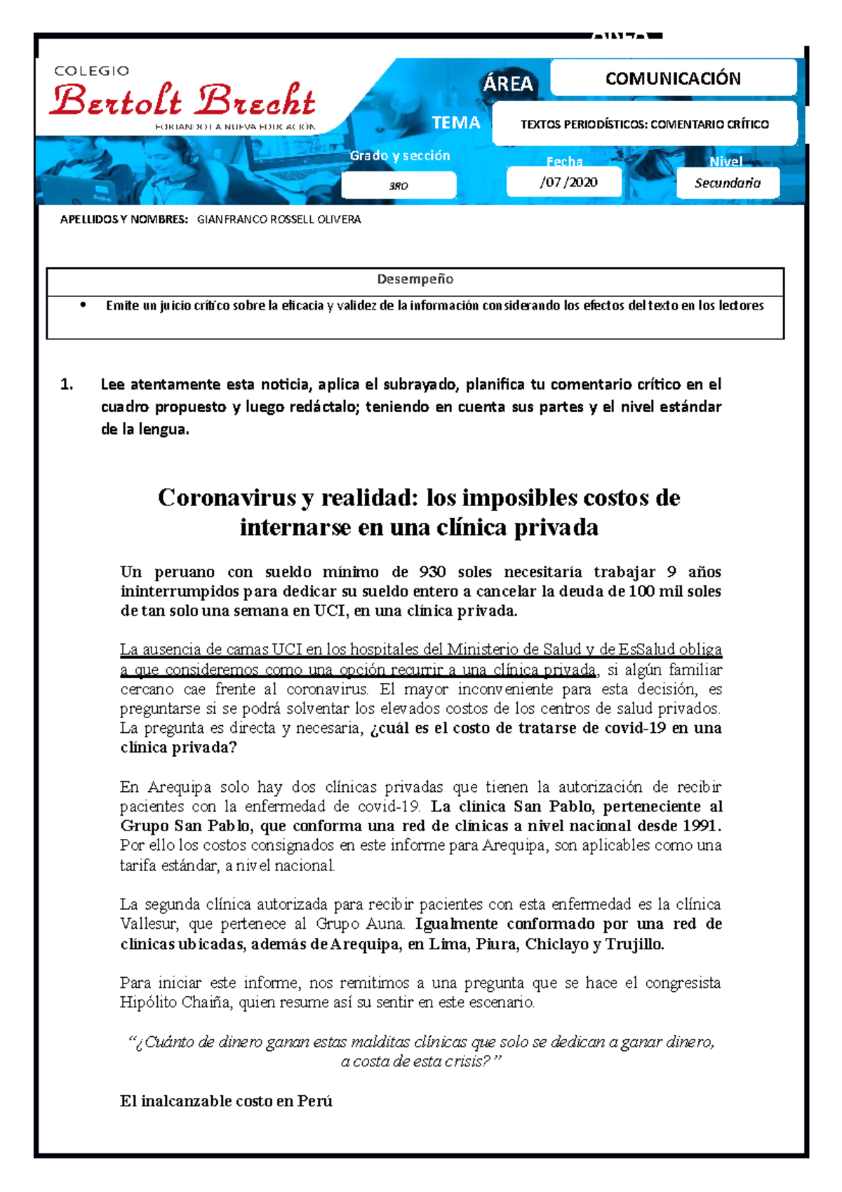 Ficha De Actividad Semana 6 3ero Sec Apellidos Y Nombres