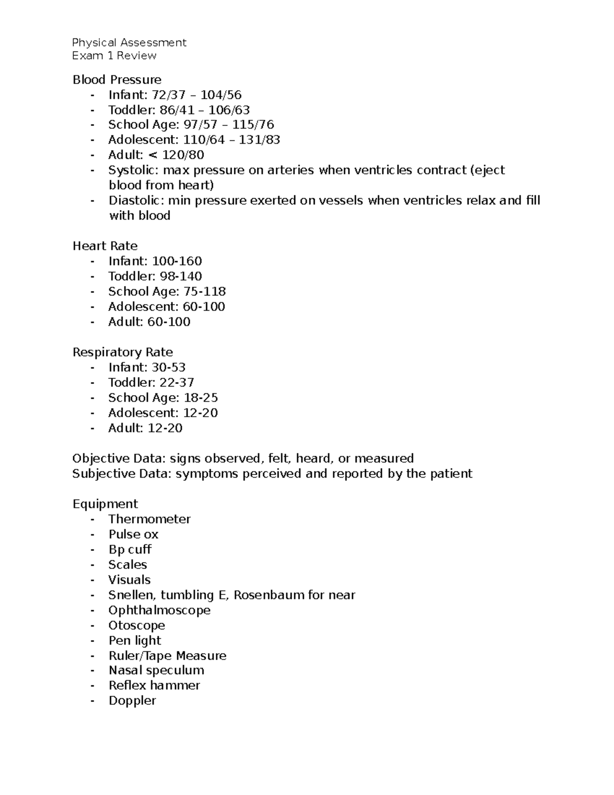 PA Exam 1 Review - Exam 1 Review Blood Pressure - Infant: 72/37 – 104 ...