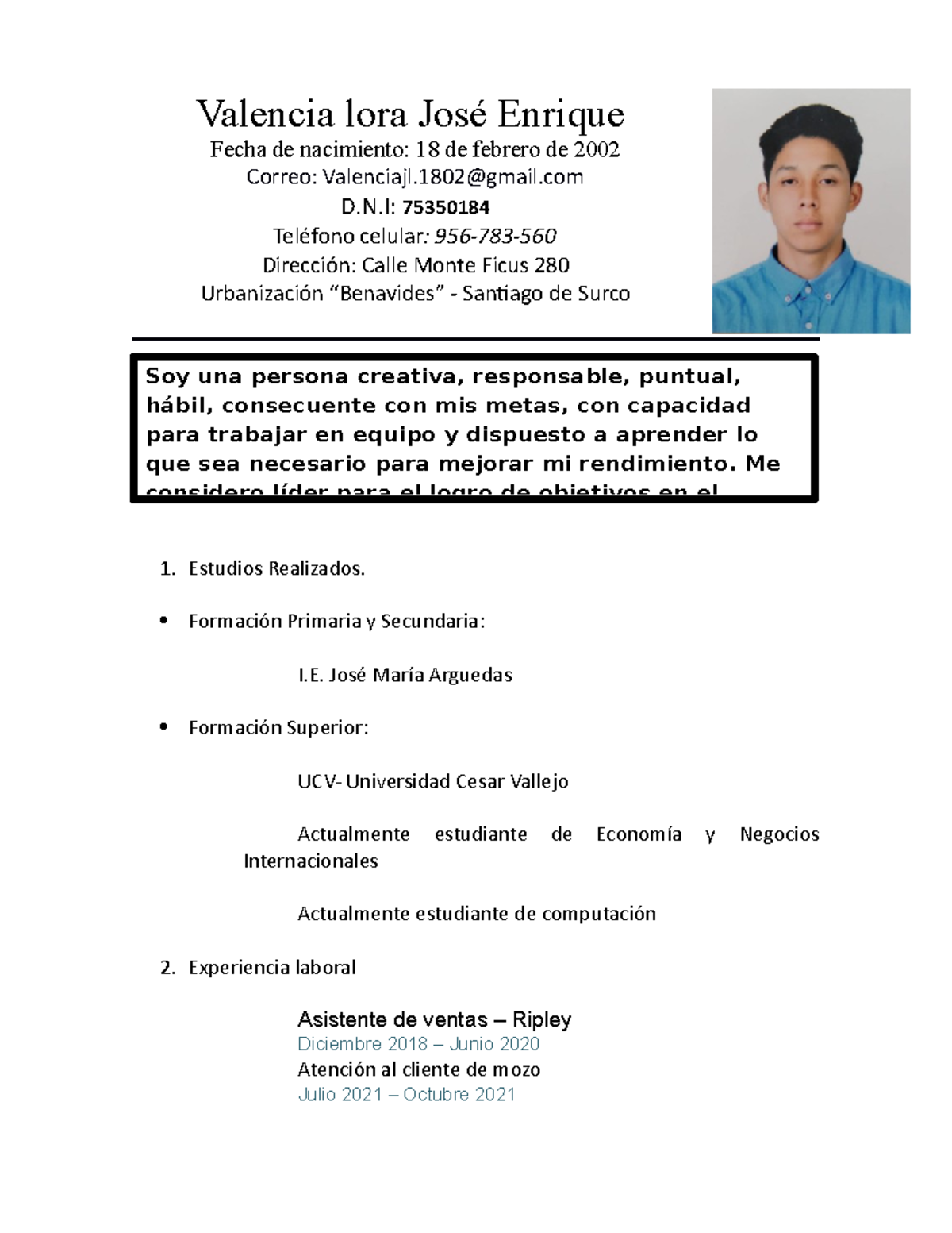 CV José Valencia Lora - Valencia lora José Enrique Fecha de nacimiento ...