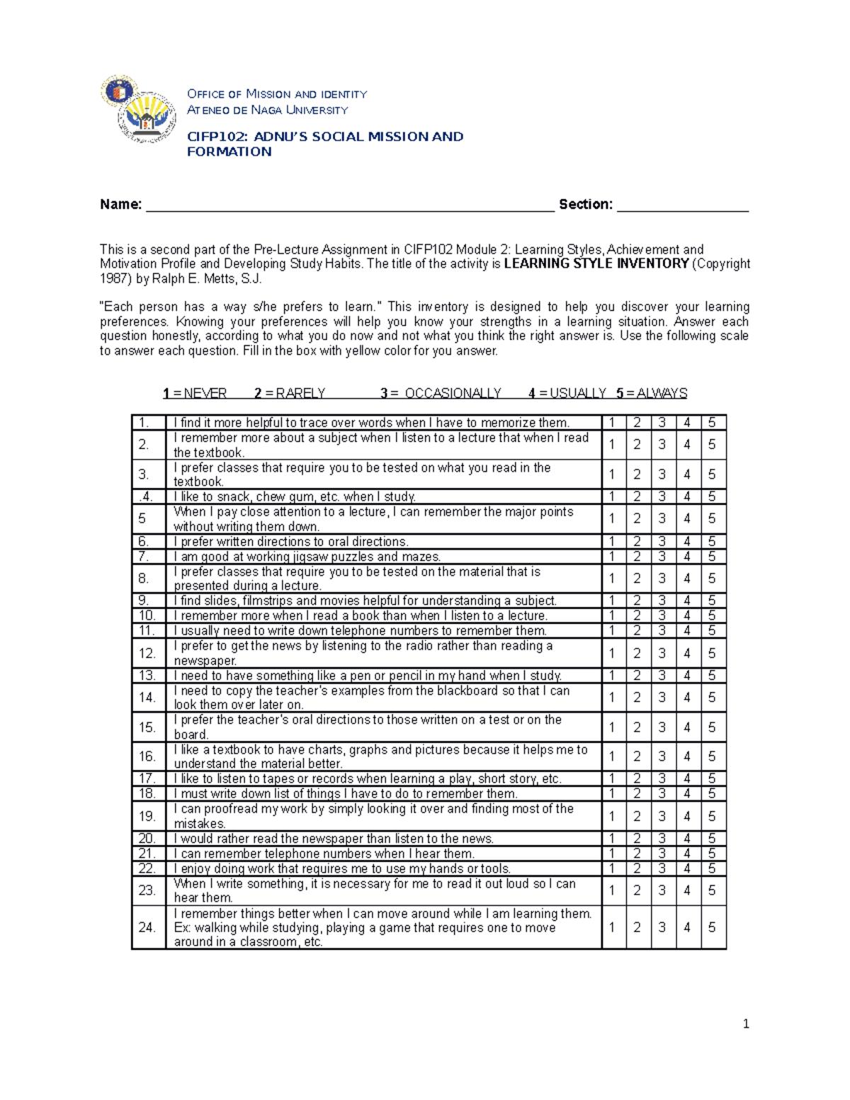 Worksheets Learning Style Inventory-CIFP 102 - Strategic Cost ...