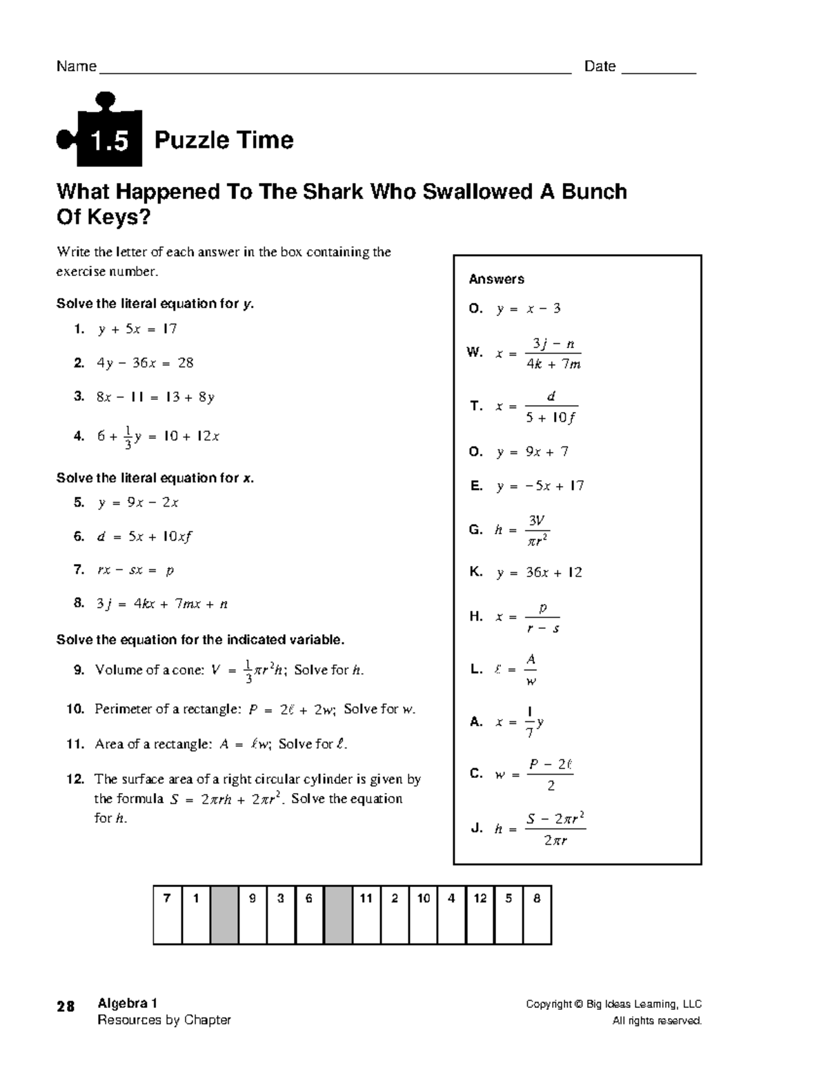 Sec 1 - hola - Algebra 1 Copyright © Big Ideas Learning, LLC Resources ...