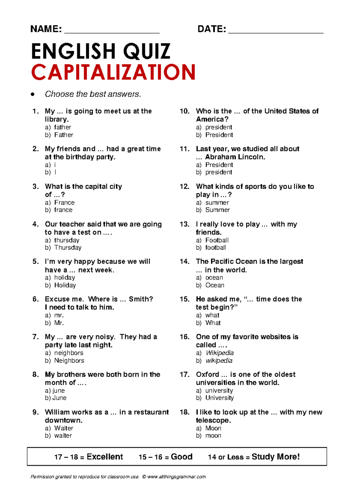 Atg english quiz capitalization - NAME: ________________________ DATE