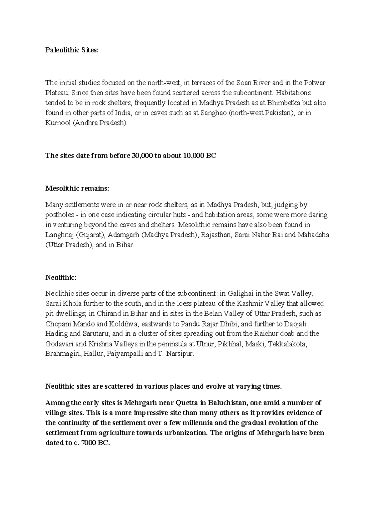 PRE-HISTORY AND PROTO-HISTORY - Paleolithic Sites: The initial studies ...