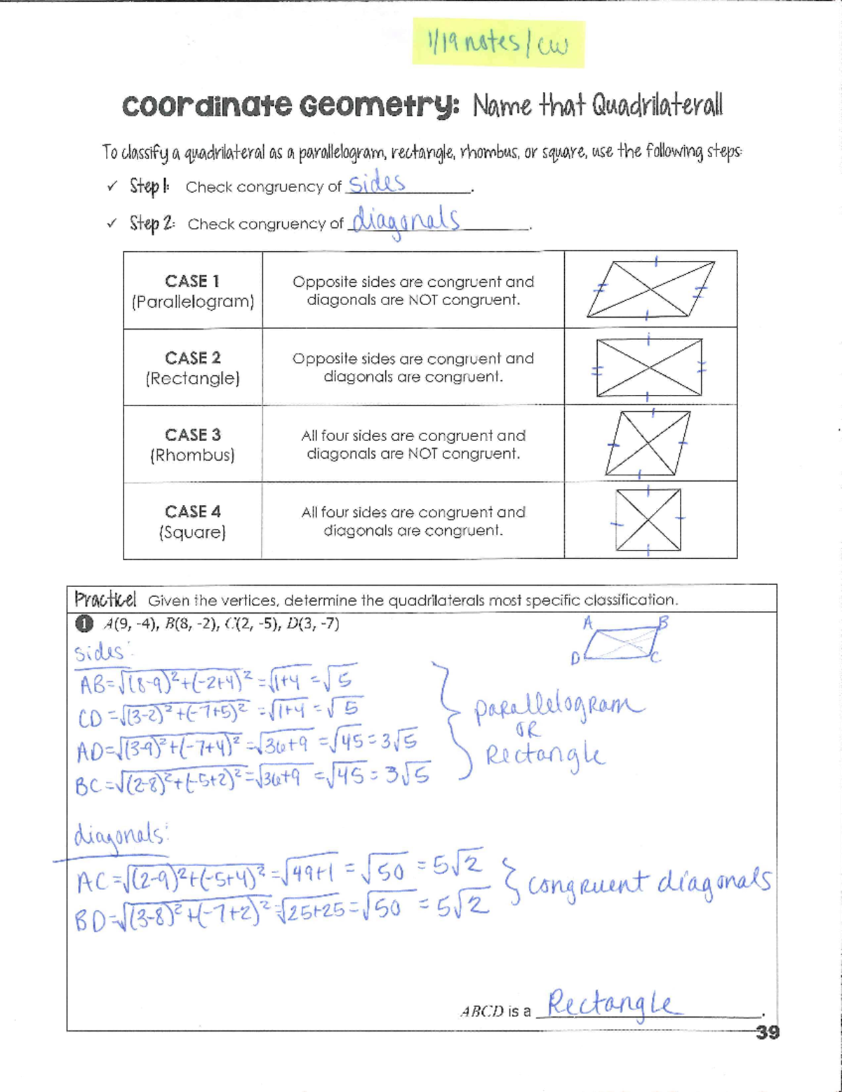 01-19 classifying quadrilaterals in a coordinate plane notes KEY-1-2 ...