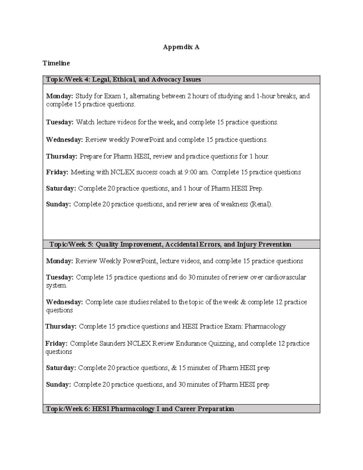 Nclex Success Plan Timeline - Appendix A Timeline Topic/Week 4: Legal ...