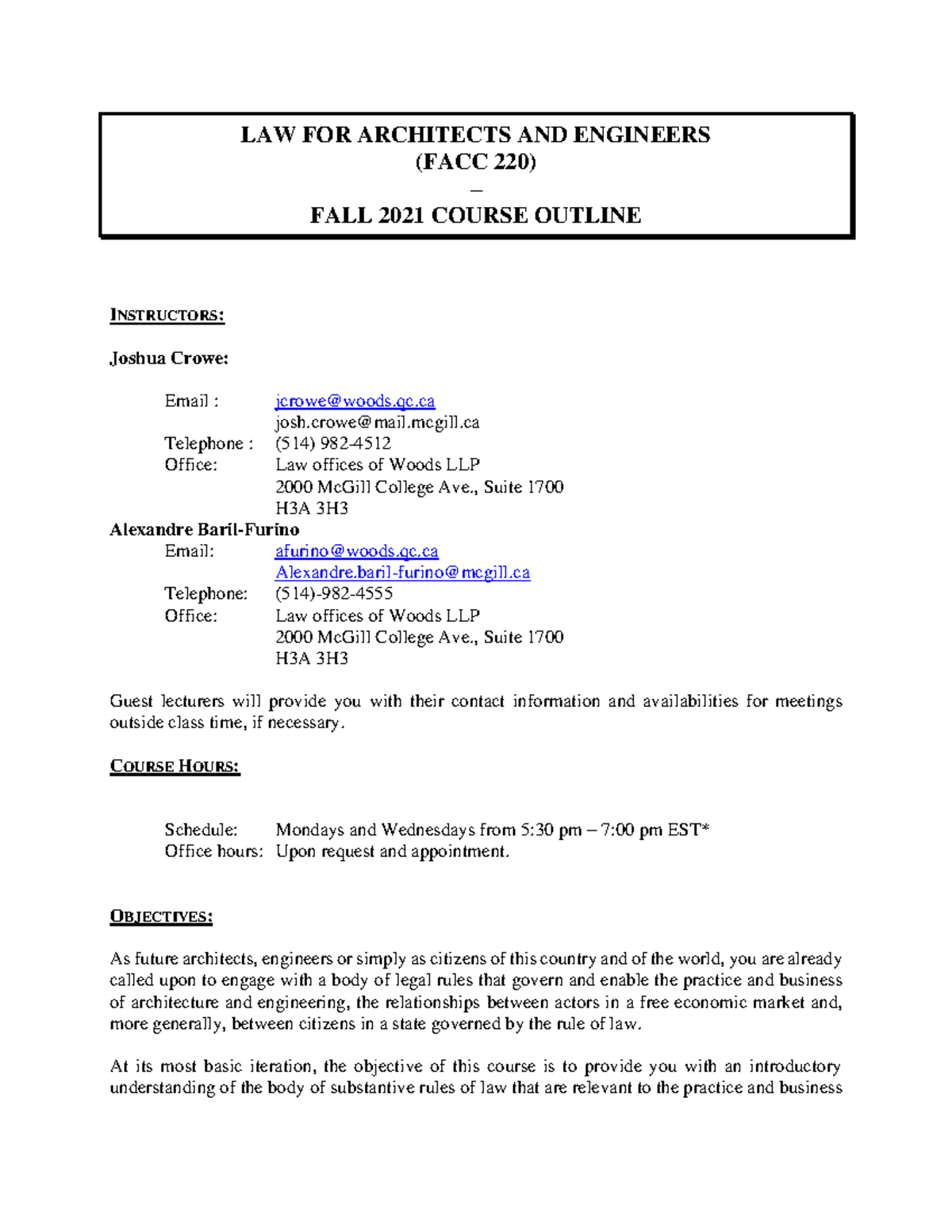 FACC220 Course Outline Fall 2021 - LAW FOR ARCHITECTS AND ENGINEERS ...