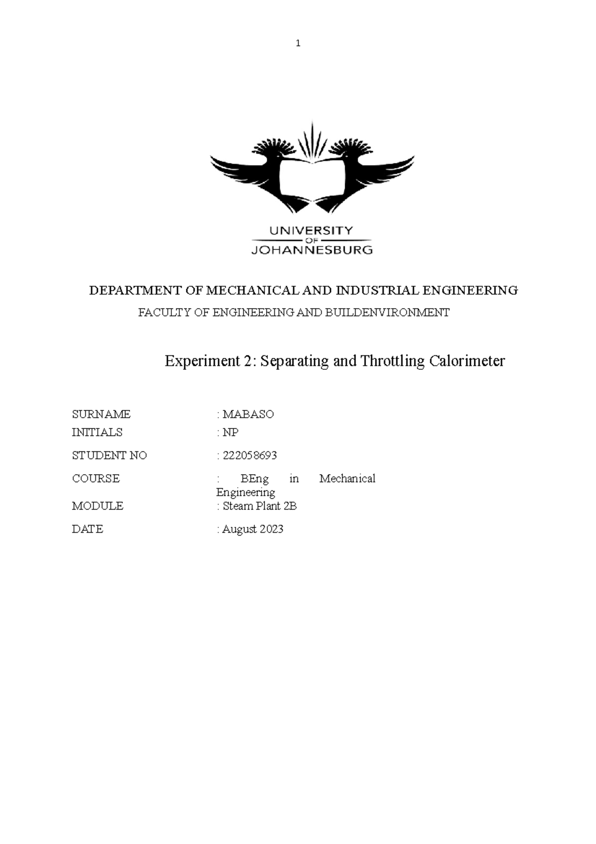 Steam plant, steam seperation Np Mabaso 222058693 - DEPARTMENT OF ...