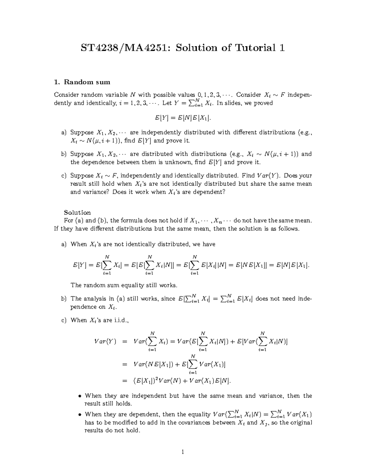 Stochastic Processes 2 Sol1 St4238ma4251 Solution Of Tutorial 1 1 Random Sum Consider