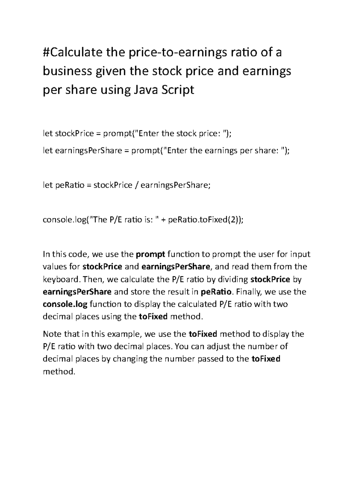 Price-to earnings-java script - #Calculate the price-to-earnings ratio ...