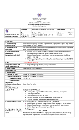 Daily- Lesson-PLAN- Filipino - DAILY LESSON LOG Paaralan ALAMINOS CITY NATIONAL HIGH SCHOOL ...