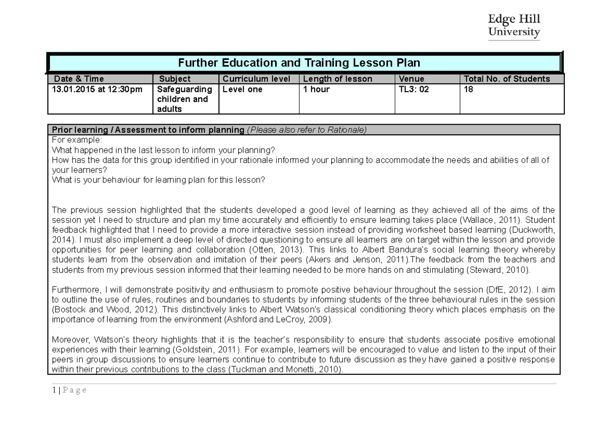 Lesson Plan - safeguarding - Further Education and Training Lesson Plan ...
