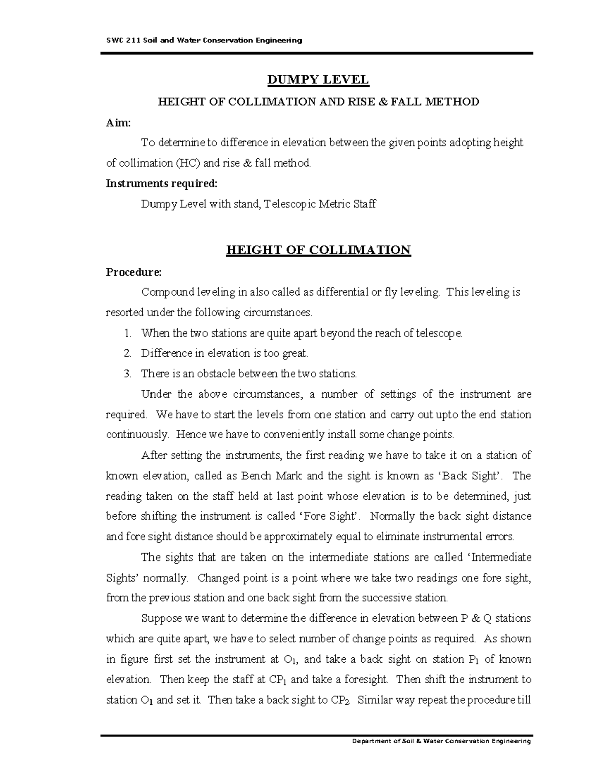 Height of Collimation - Agricul - DUMPY LEVEL HEIGHT OF COLLIMATION AND RISE & FALL METHOD Aim ...