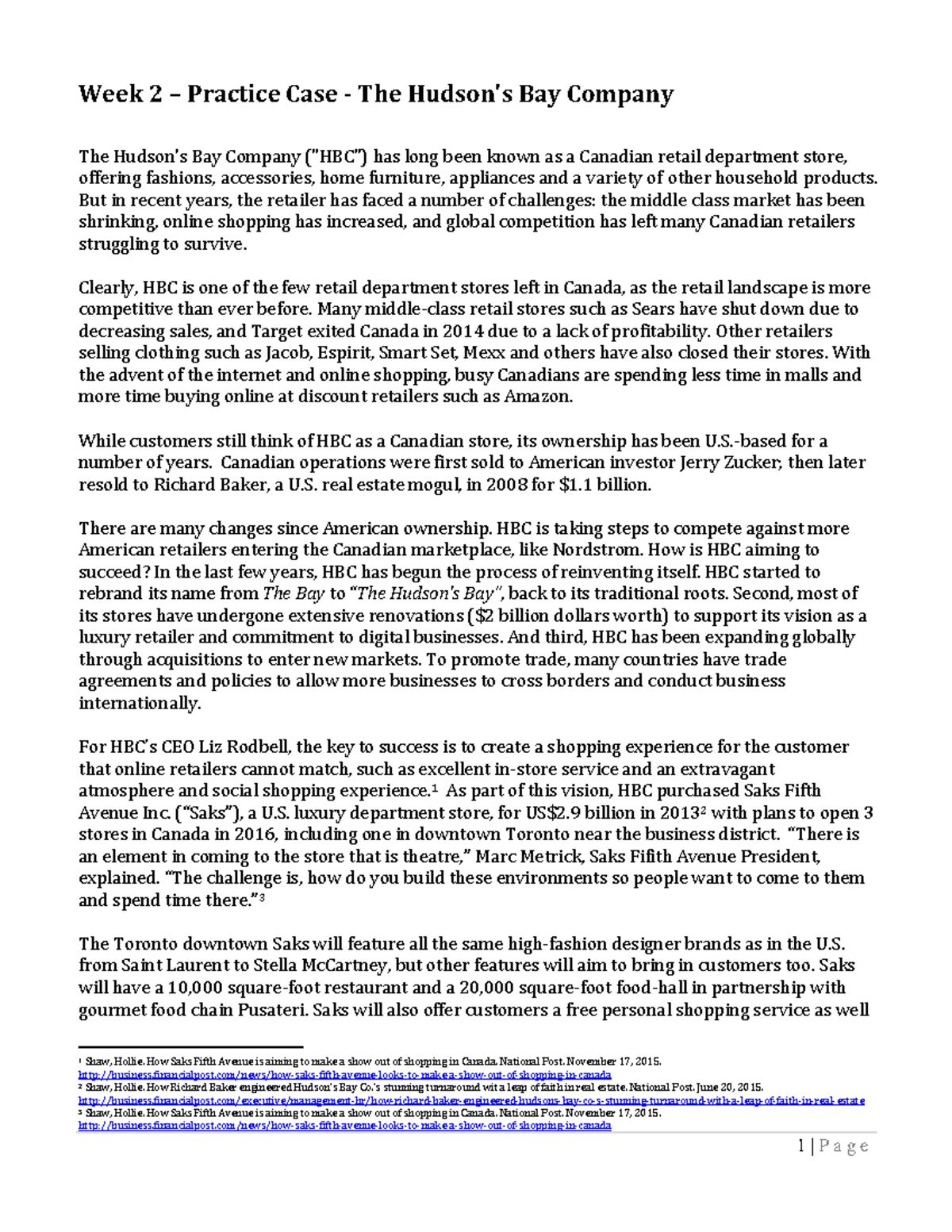 Practice Case - The Hudsons Bay Company - Question - Week 2 – Practice ...