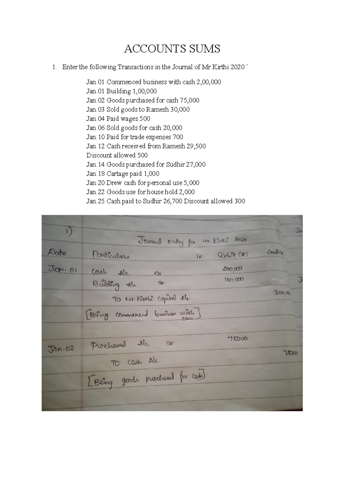 Accounts SUMS - Important material - ACCOUNTS SUMS Jan Building 1,00 ...