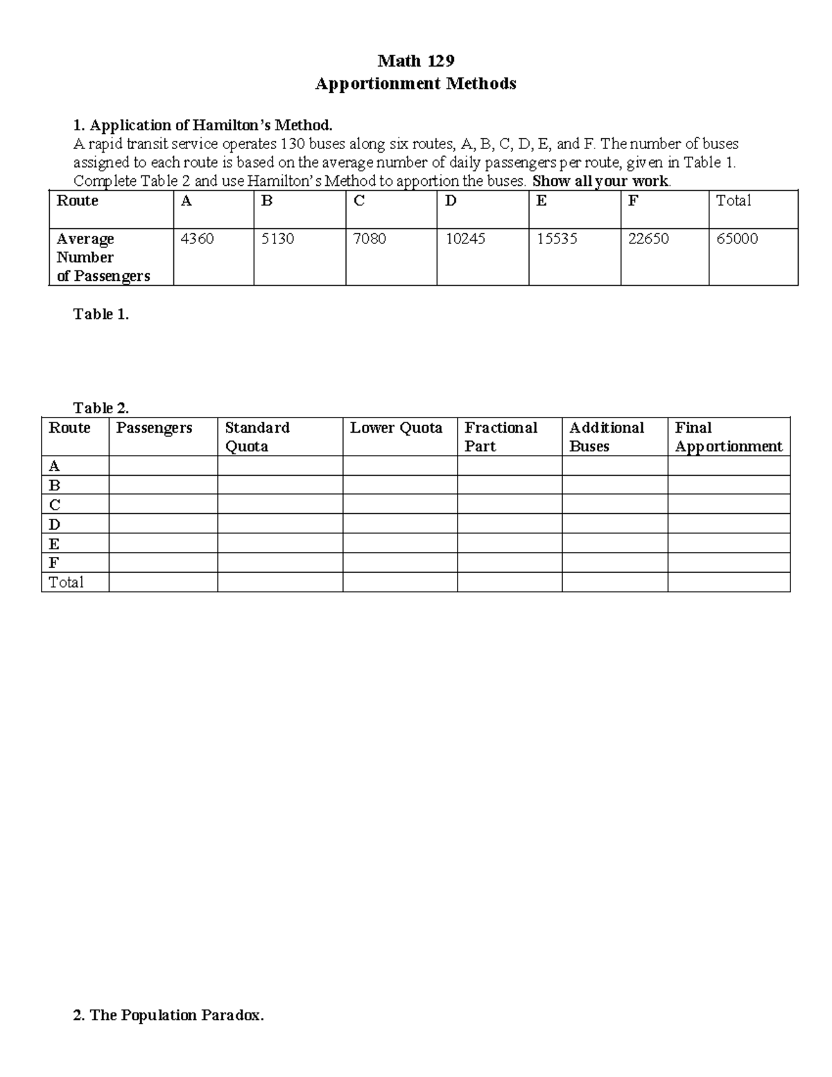 Apportionment Methods - Math 129 Apportionment Methods Application of ...