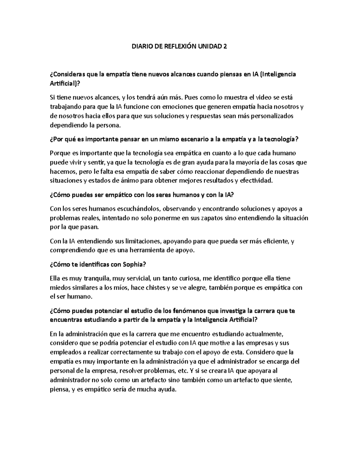 Diario DE Reflexión Unidad 2 - DIARIO DE REFLEXIÓN UNIDAD 2 ¿Consideras que la empatía tiene ...