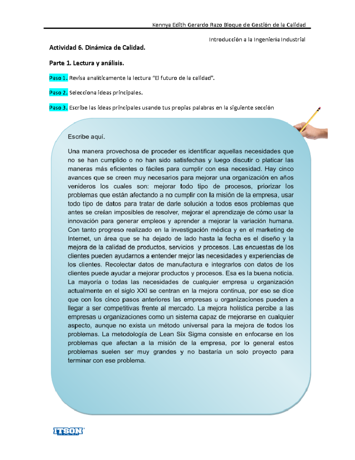 S6A Actividad 6 Dinámica de Calidad Kennya Gerardo 246790 - Kennya ...