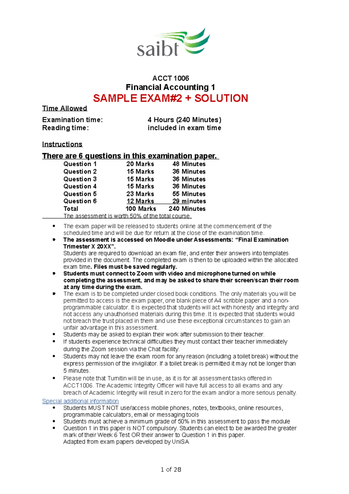 Sample Exam #2 With Solutions - ACCT 1006 Financial Accounting 1 SAMPLE ...