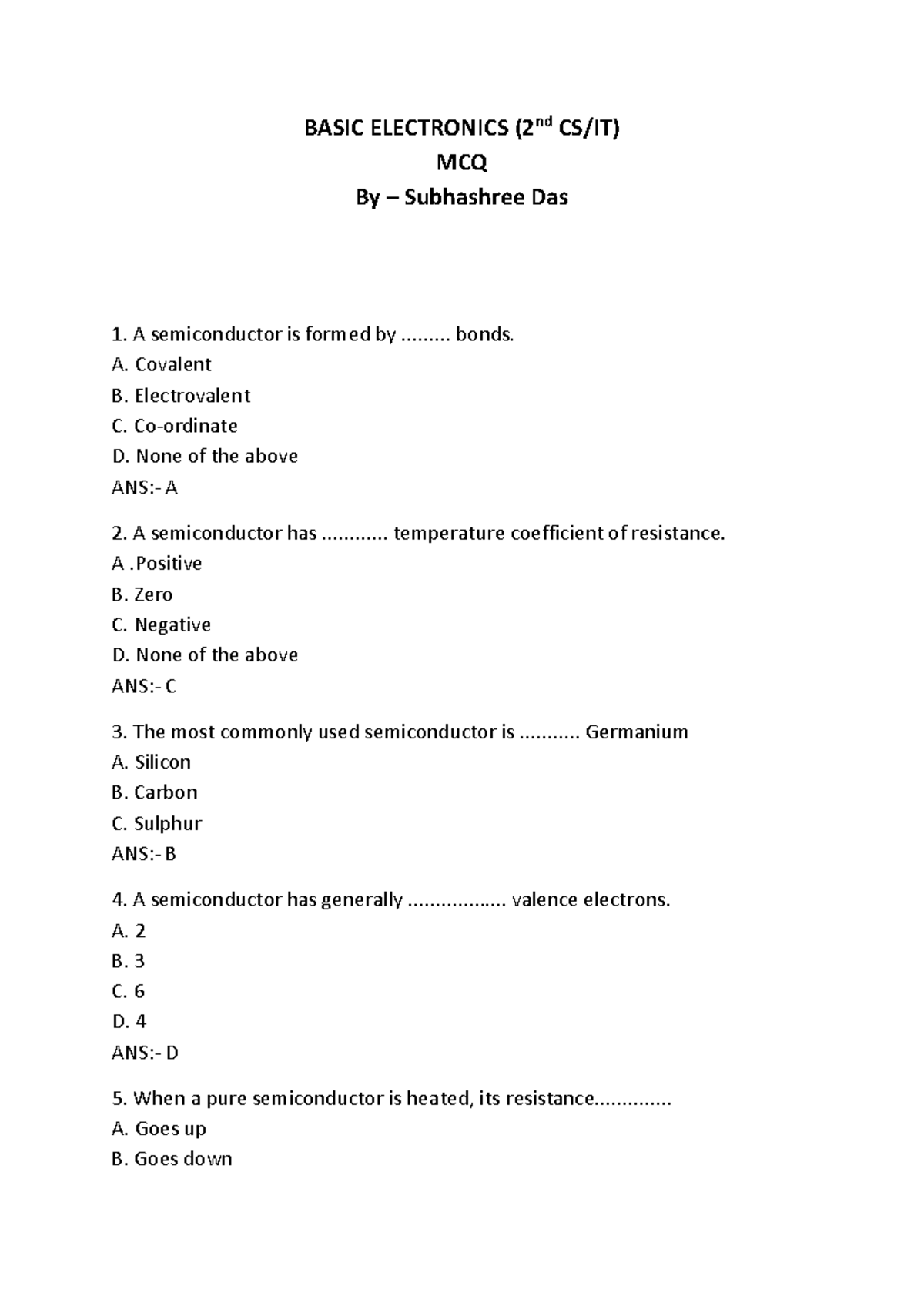 Basicelectronics - mcqs data - BASIC ELECTRONICS (2nd CS/IT) MCQ By – Subhashree Das A ...